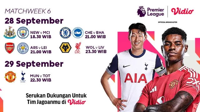 Jadwal Siaran Langsung Premier League Matchweek 6 di Vidio Akhir Pekan Ini - On Off Liputan6.com