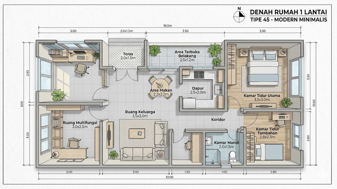 6 Denah Rumah 1 Lantai Tipe 45 dengan 2 Kamar dan Ruang Multifungsi ...
