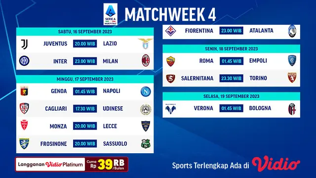Jadwal Live Streaming Liga Italia 2023 2024 Matchday 4 Di Vidio 16 19