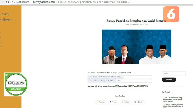[Cek Fakta] Fadli Zon Keluarkan Hasil Survei Pilpres 2019, Benarkah? - Cek Fakta Liputan6.com