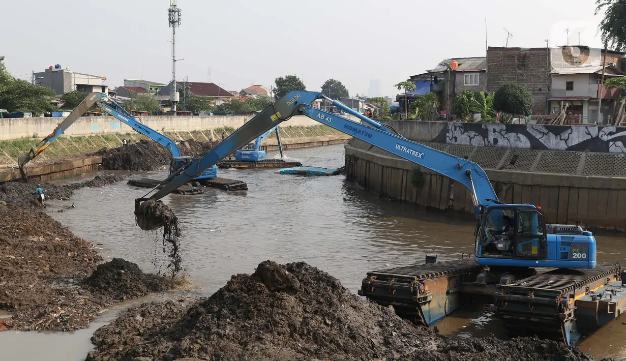 FOTO: Cegah Sedimentasi, Endapan di Sungai Ciliwung Dikeruk - Foto Liputan6.com