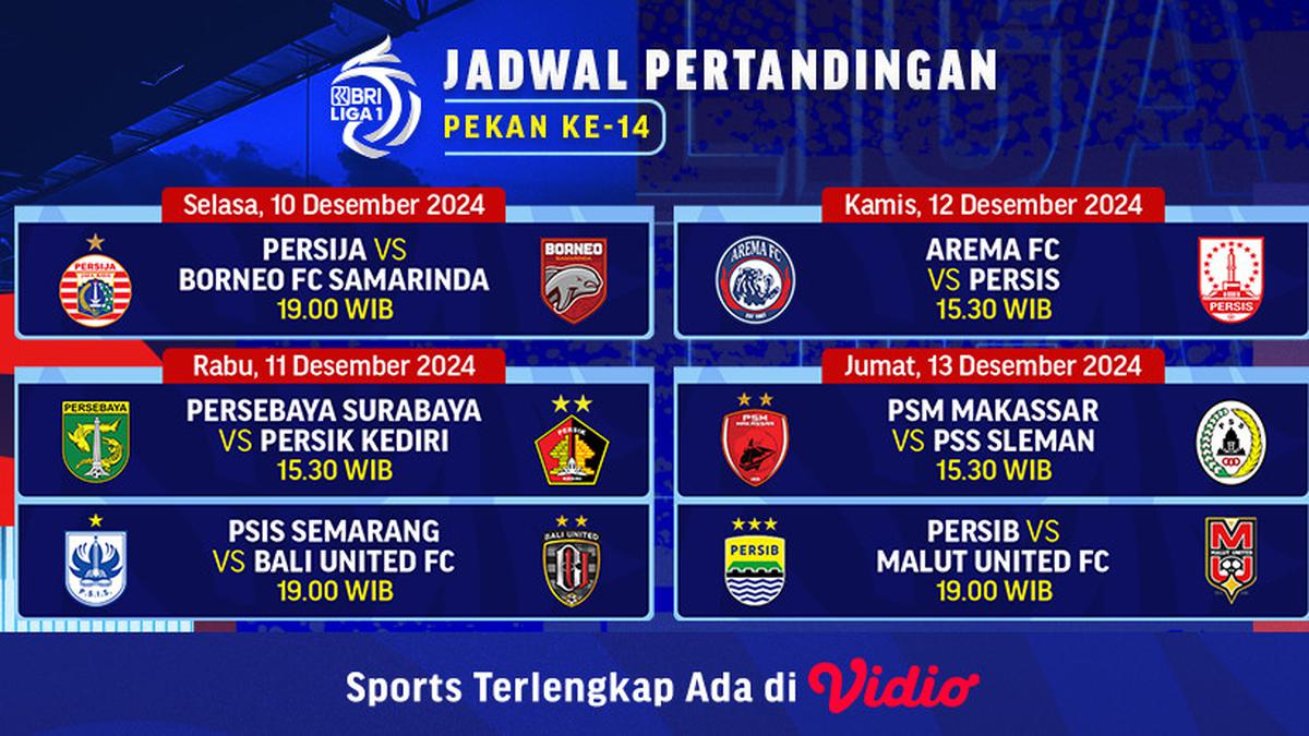 Jadwal dan Siaran Langsung BRI Liga 1 2024/2025 Pekan 14 di Vidio - On Off Liputan6.com