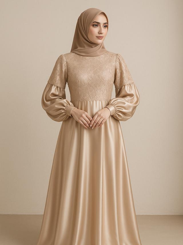 7 Model Gamis Brokat Kombinasi Satin untuk Wanita Berhijab Syar’i ...