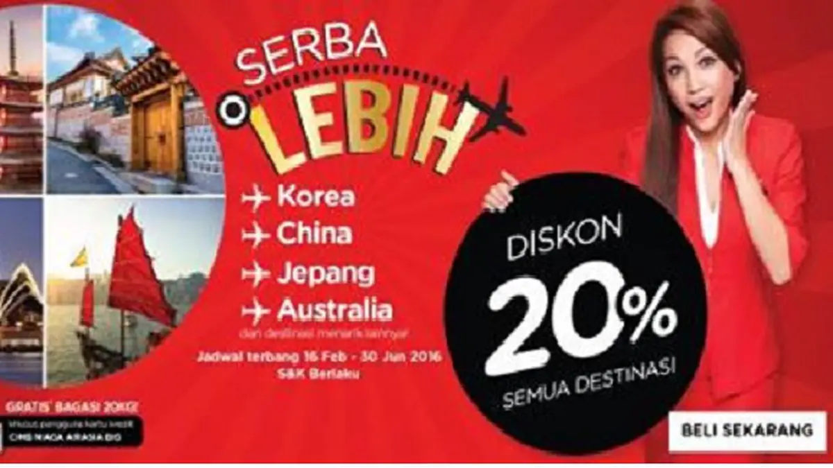 Pasti Dapat! Terbang ke berbagai destinasi AirAsia, diskon 20% OFF! - Photo Fimela.com