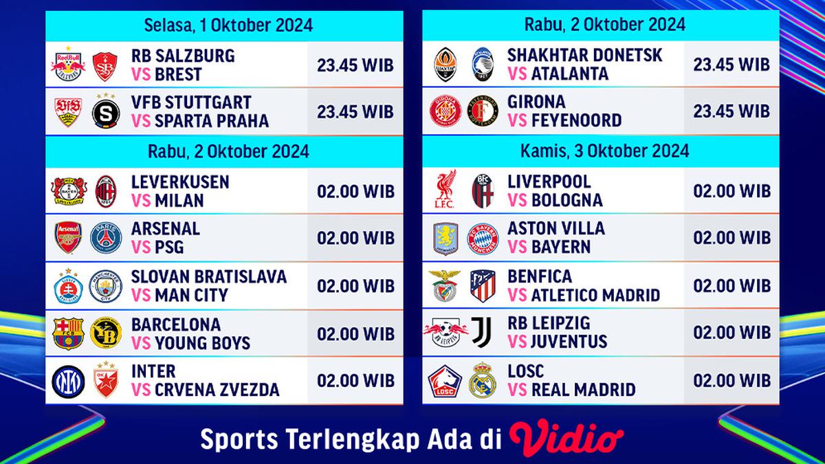 Jadwal Siaran Langsung Liga Champion 2024/25 Matchweek 2 di Vidio Pekan Ini - Dunia Bola.com