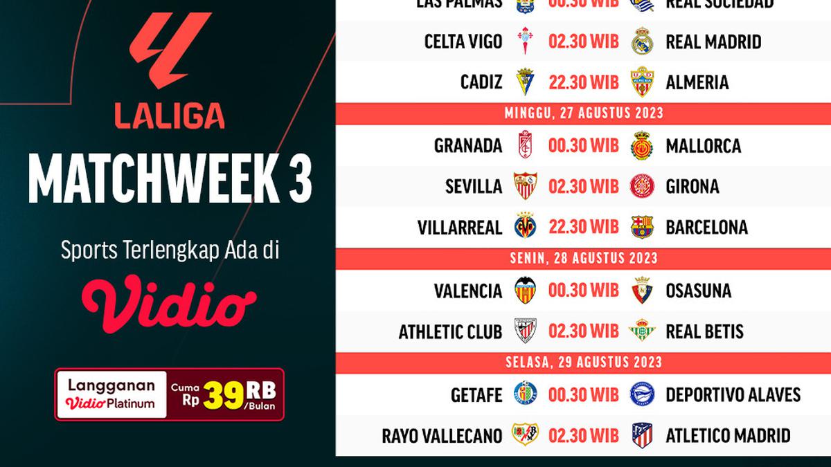 Jadwal dan Live Streaming Liga Spanyol 2023/2024 Matchday 3 di Vidio - Spanyol Bola.com