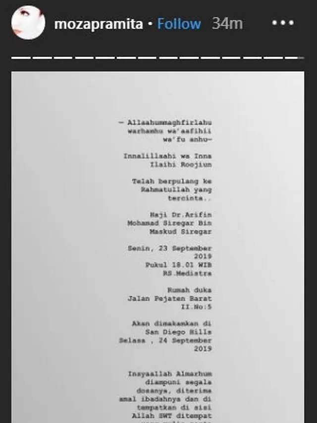 Arifin M. Siregar, Ayah Mertua Presenter Moza Pramita Meninggal Dunia ...