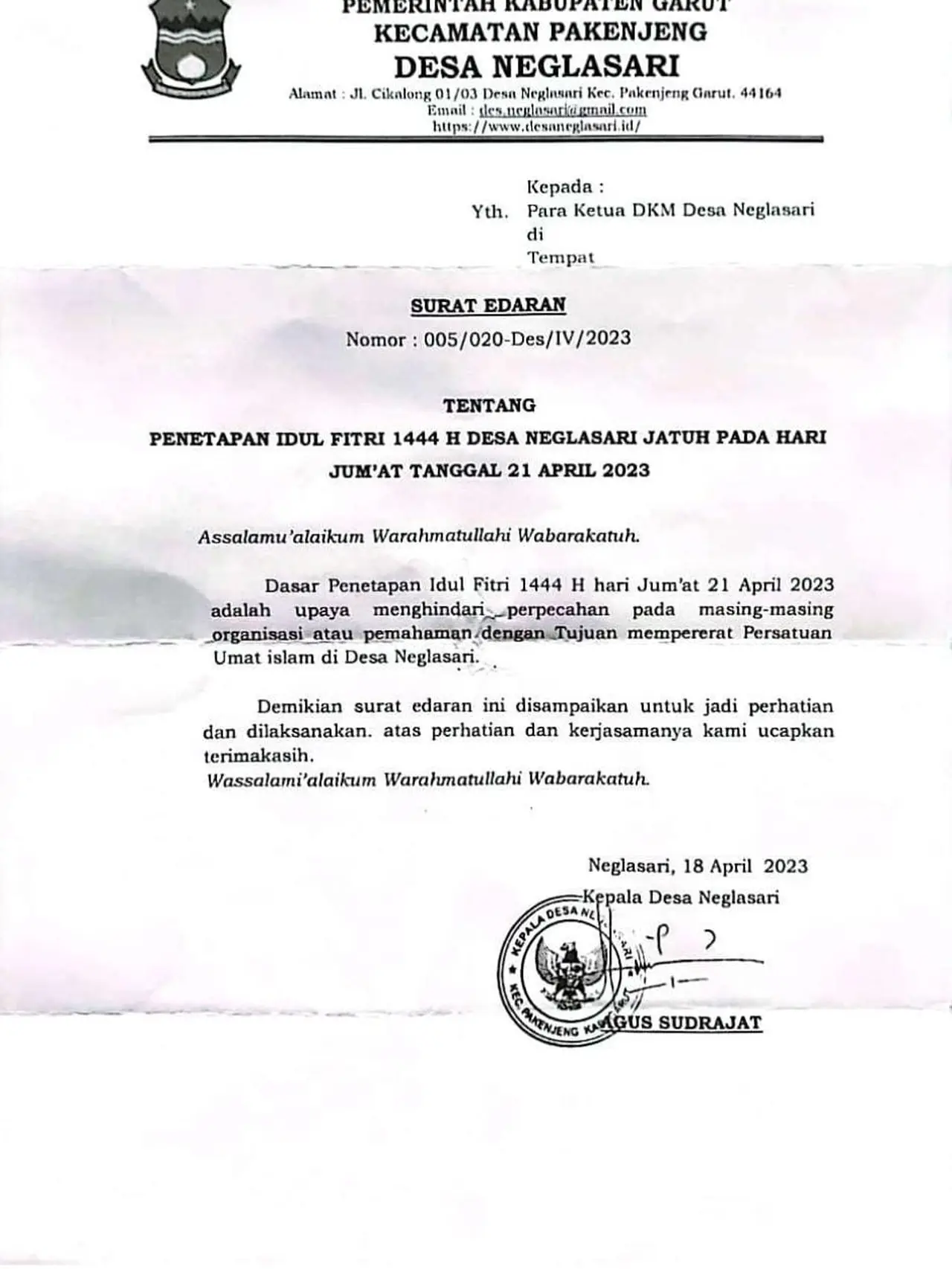 Kemenag Belum Putuskan, Kades di Garut Buat Surat Edaran Lebaran Idul ...