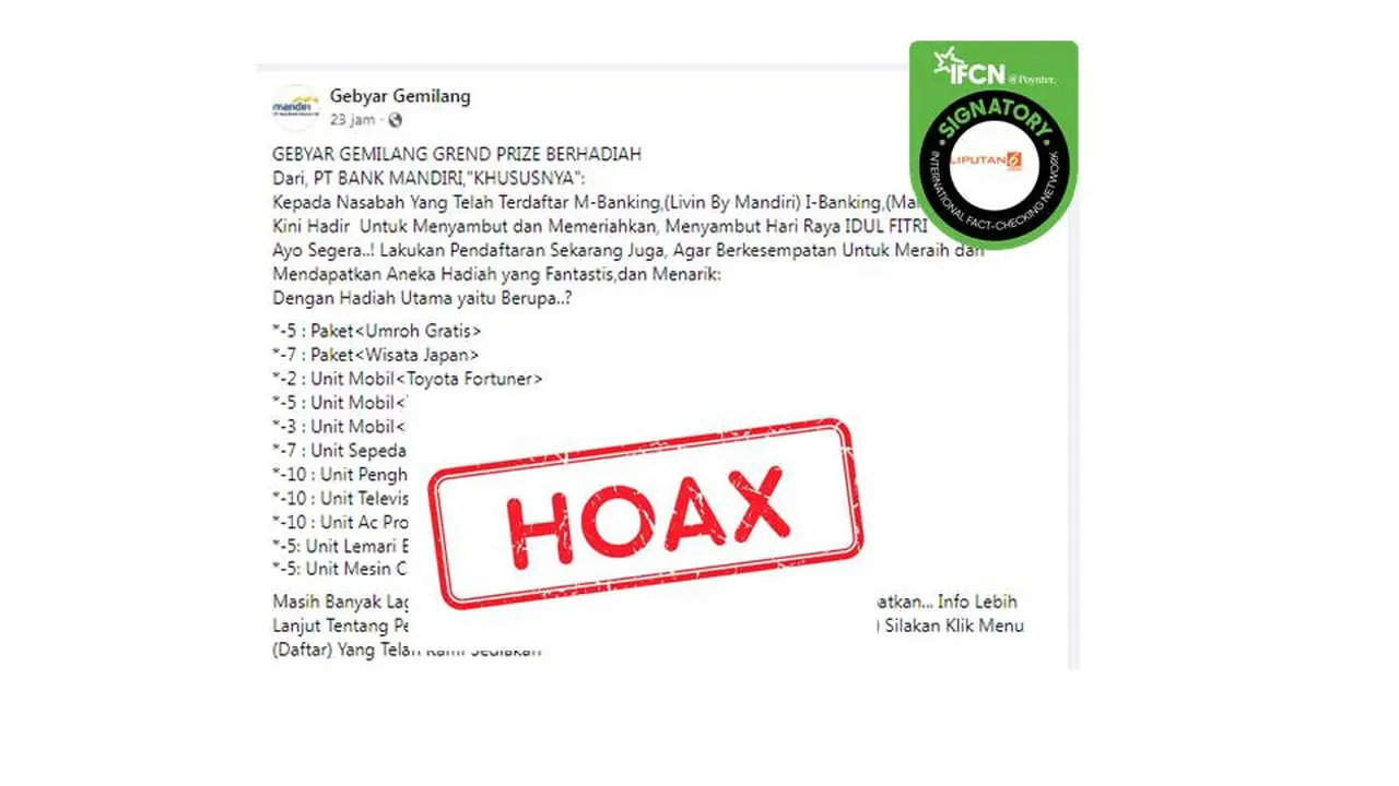 Cek Fakta: Hoaks Pendaftaran Gebyar Undian Bank Mandiri dalam Rangka Menyambut Idul Fitri - Cek ...