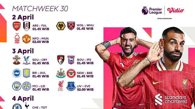 Jadwal Siaran Langsung Liga Inggris 2024/25 Matchweek 30 di Vidio - On Off Liputan6.com