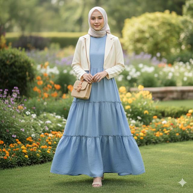 10 Model Gamis Linen Ringan dengan Layering Blazer, Tampil Profesional