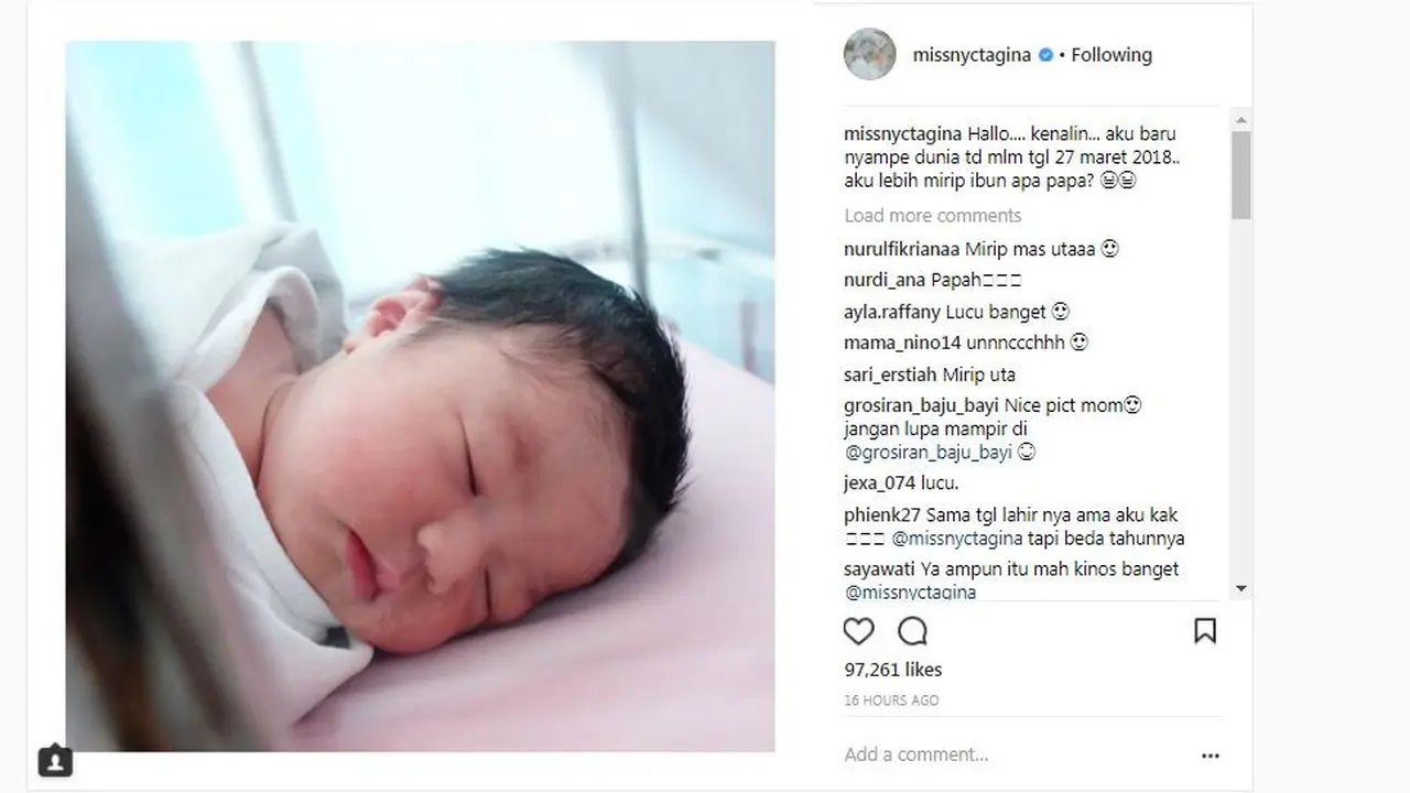 Nama Unik Anak Kedua Nycta Gina dan Rizky Kinos - ShowBiz Liputan6.com